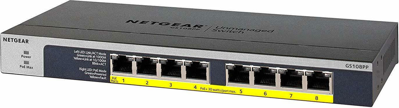 NetGear GS108PP Unmanaged L2 PoE+ Switch με 8 Θύρες Gigabit (1Gbps ...