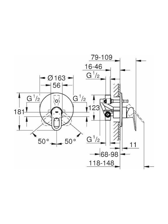 Grohe Bauloop 29081000 Μίκτης Μπαταρίας Εντοιχισμού Ντουζιέρας 2 Εξόδων ...