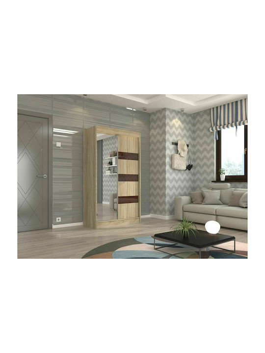 Δίφυλλη Ντουλάπα Ρούχων Συρόμενη Bissom 120 με Καθρέπτη Δρυς / Καφέ ...