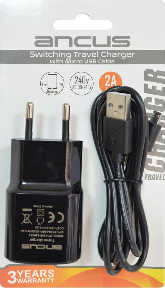 Ancus micro USB Cable & Wall Adapter Μαύρο (2000mAh Switching 5V ...