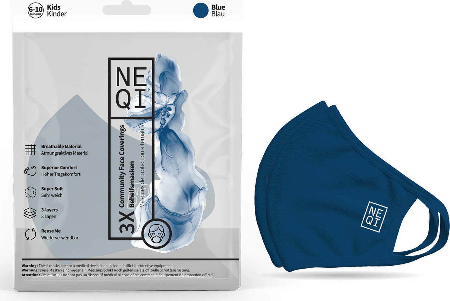 Neqi Kids Re-Useable Face Masks 6-10 Age Navy Blue 3τμχ - Skroutz.gr