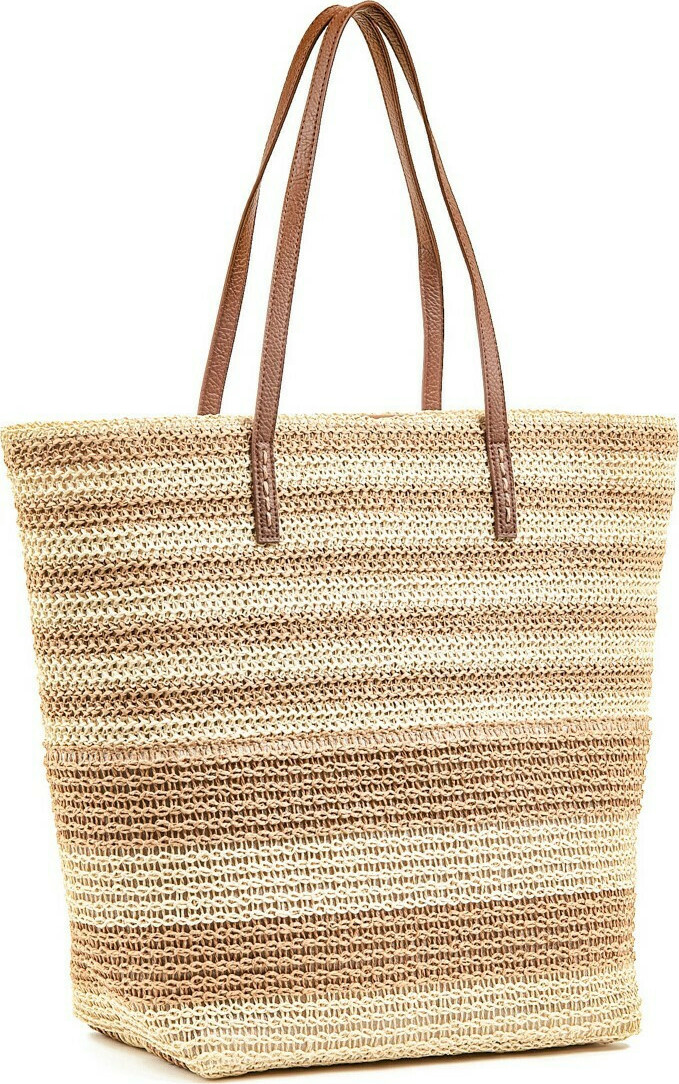 Verde Ψάθινη Τσάντα Θαλάσσης Μπεζ με Ρίγες 48-0124 | Skroutz.gr