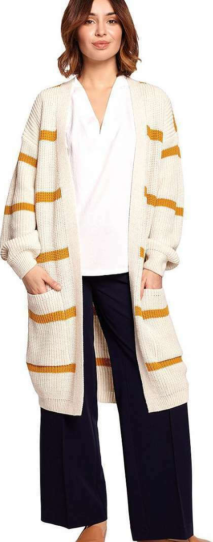 BeWear BK070 Μακριά Γυναικεία Πλεκτή Ζακέτα Yellow/Beige | Skroutz.gr