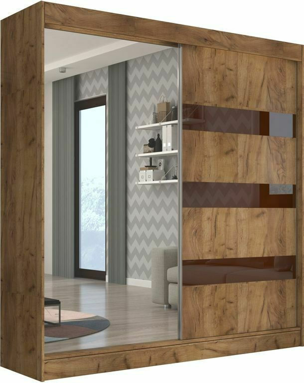 Δίφυλλη Ντουλάπα Ρούχων Συρόμενη Bissom 200 με Καθρέπτη Καφέ 200x61x ...