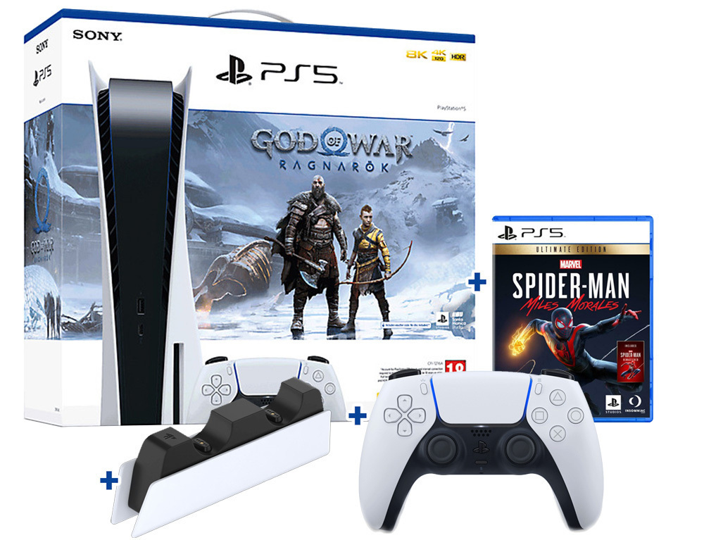 Sony PlayStation 5 με 2nd Dualsense Controller White & Βάση Φόρτισης & God of War: Ragnarok ...