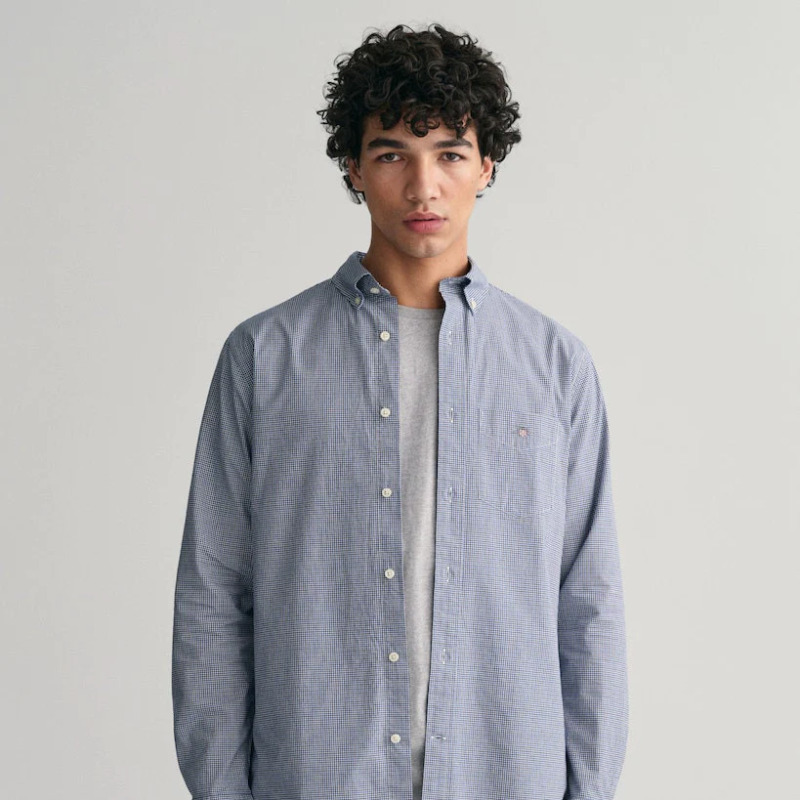 Gant Ανδρικό Πουκάμισο με Κανονική Γραμμή Μακρυμάνικo Καρό Navy Μπλε ...