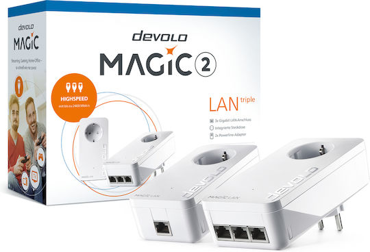 Devolo Magic 2 LAN Triple (8510) Powerline Διπλού Kit για Ενσύρματη Σύνδεση με Passthrough Πρίζα ...