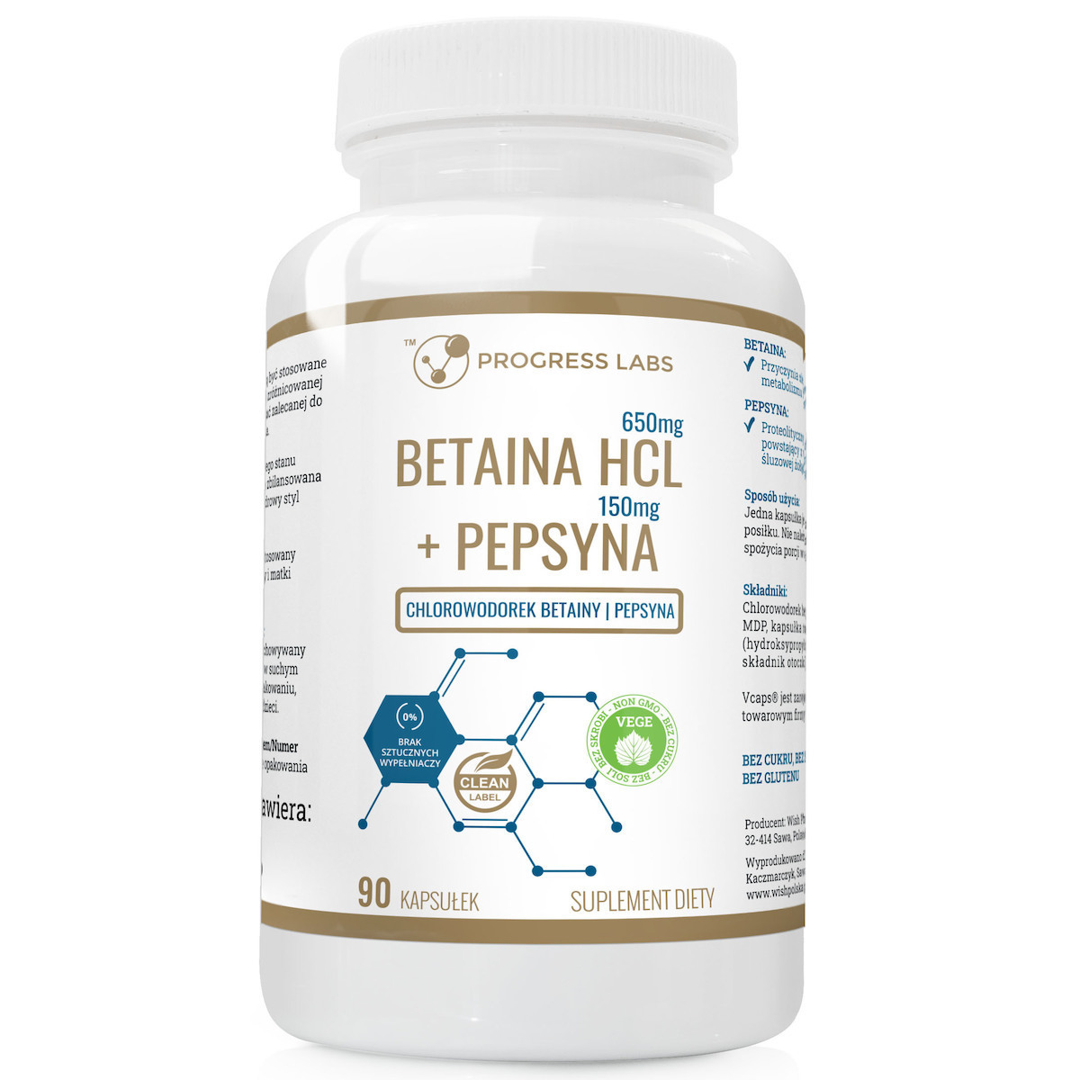 Progress Labs Betaine 650mg Hcl Pepsyna Betaine Digestion 90 Capsules ...