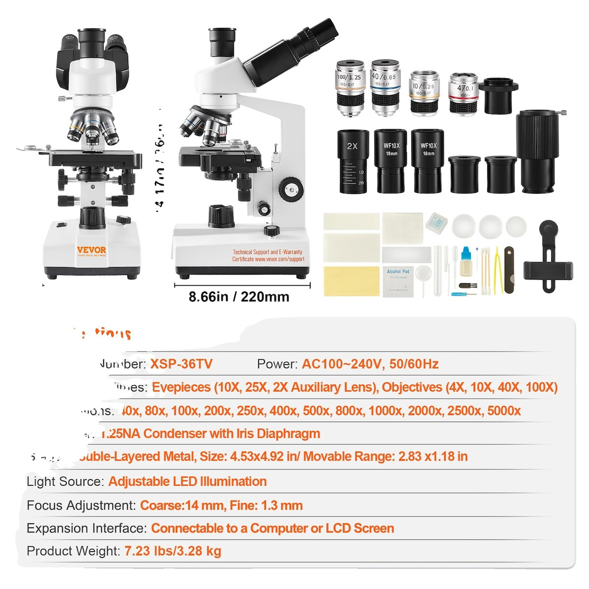Vevor Trinocular Microscope 40x-5000x Magnification Adjustable Led ...