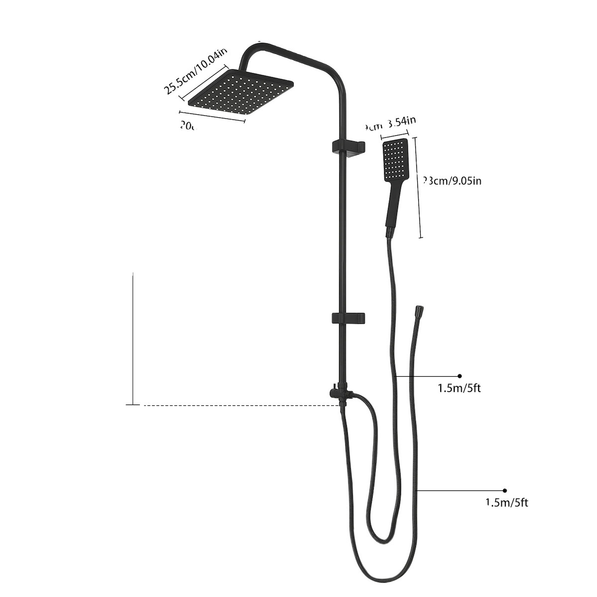 Rainfall Shower System 5ft Flexible Hose 360° Rotatable Top Spray Black ...