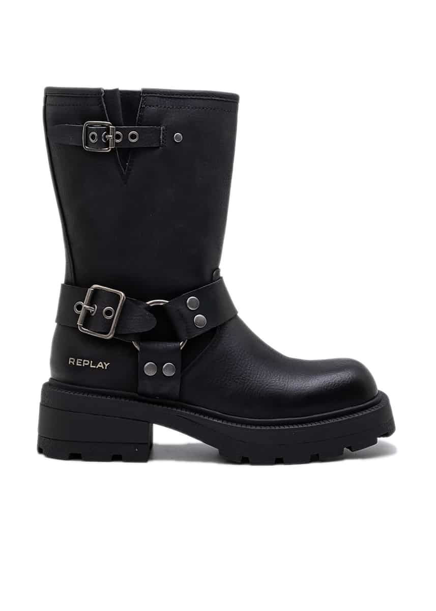 Replay Brigitte Δερμάτινα Γυναικεία Biker Μποτάκια με Μεσαίο Τακούνι ...