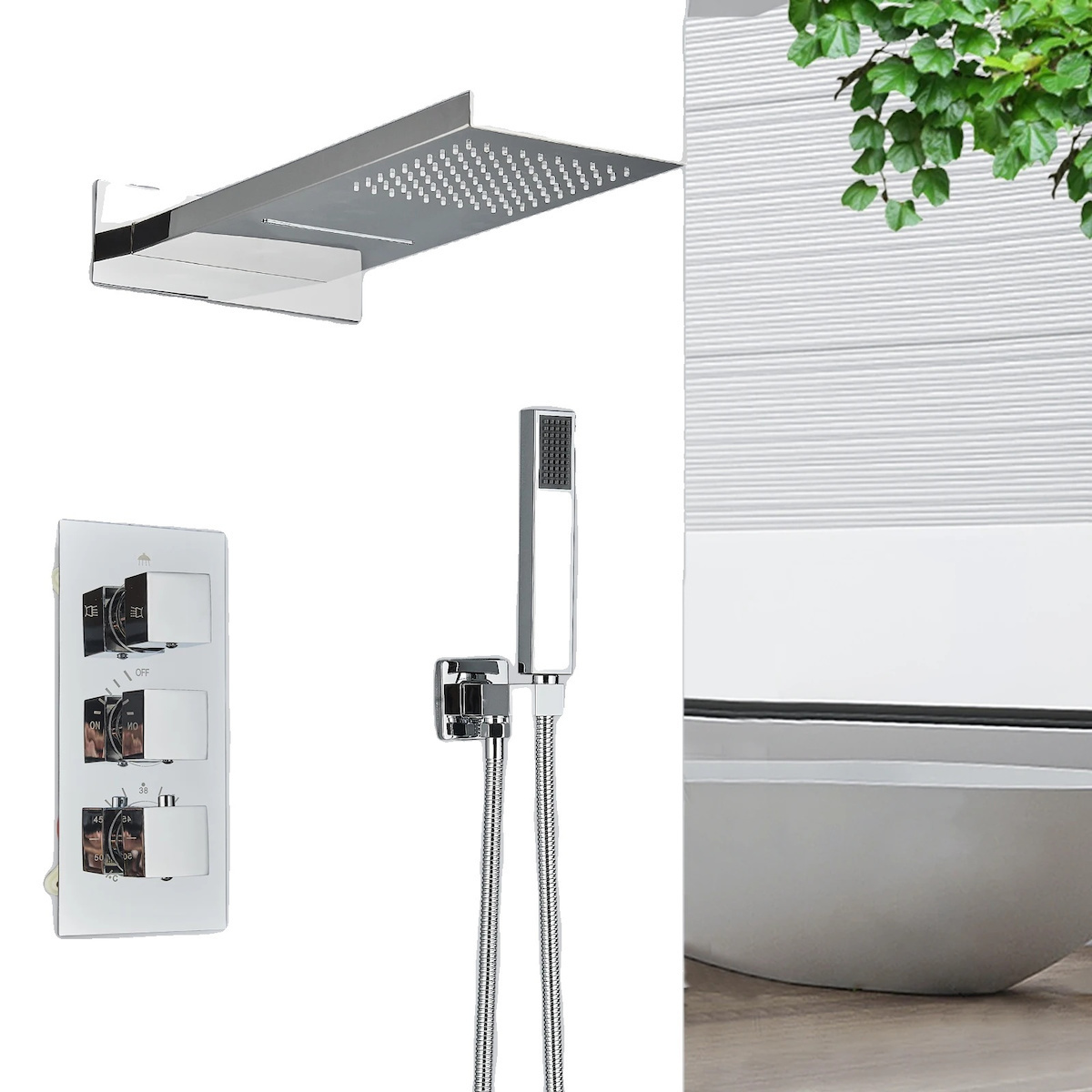 Thermostatic Rain Waterfall Shower Faucet Contemporary Design Triple ...