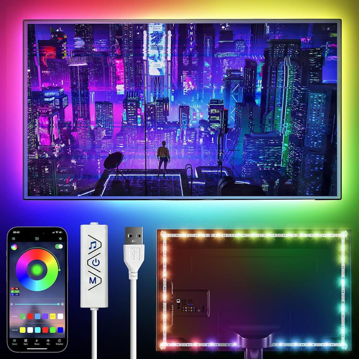 Houhui Smart Ταινία LED Τηλεόρασης USB 5V RGB Φως 4m Τύπου SMD5050 με Τροφοδοτικό ...