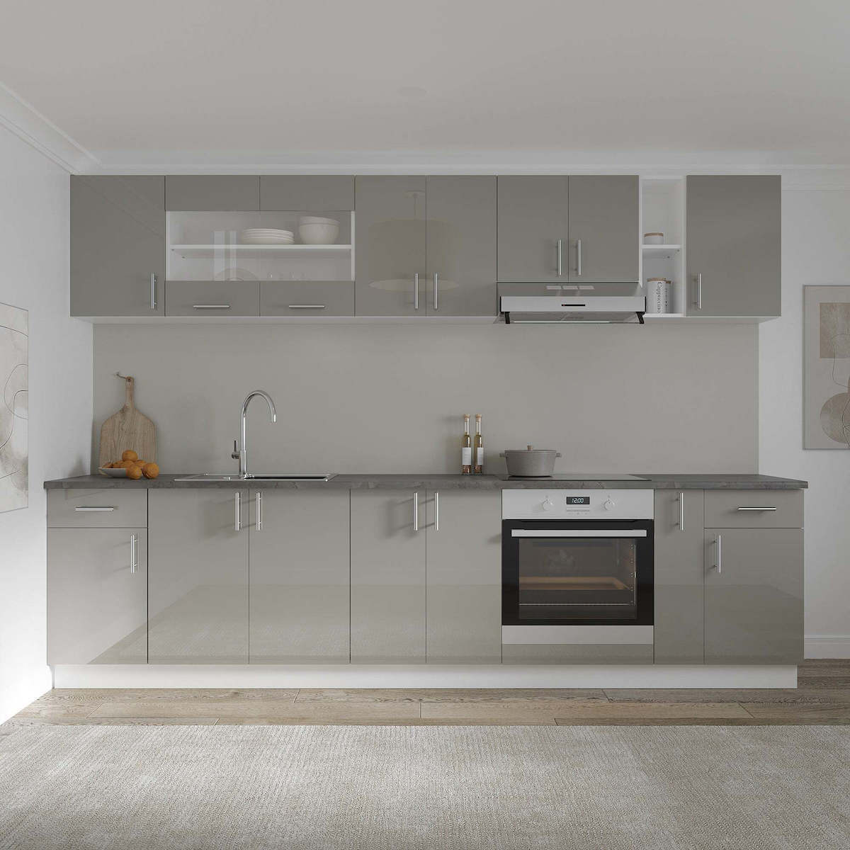 Karo V25 Σετ Ντουλάπια Κουζίνας Κρεμαστά & Δαπέδου με Πάγκο Εργασίας Glossy Grey/white ...