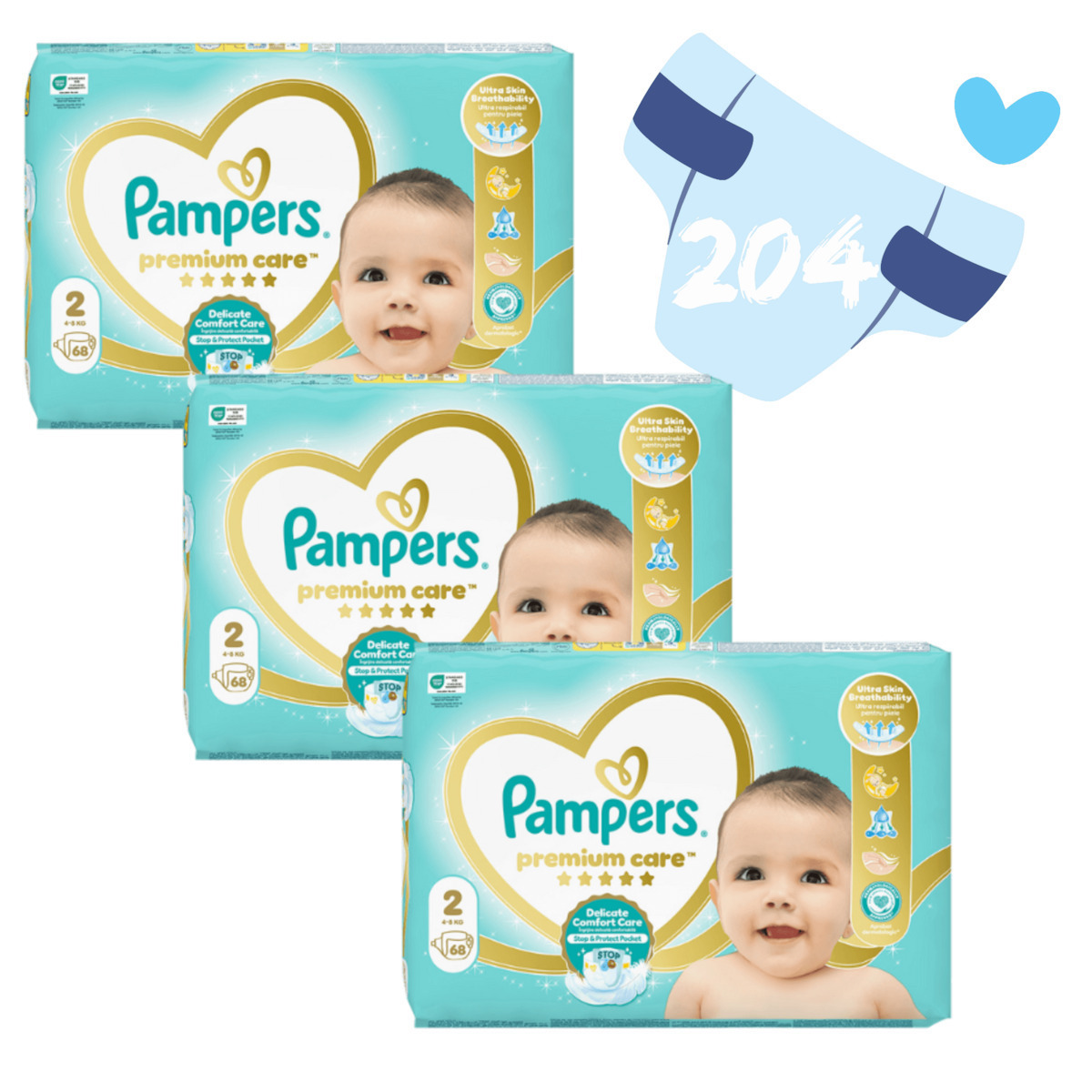 Pampers Πάνες με Αυτοκόλλητο Premium Care No. 2 για 4-8kg 204τμχ ...